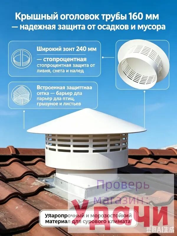 Вентиляционный грибок 160 мм, колпак на вытяжную трубу и дымоход, плита труба защитная крышка для вентиляции из ПВХ, зонт кровельный фасадный