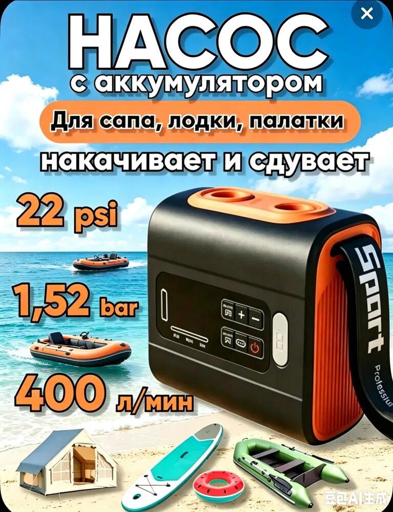 Насос для лодки ПВХ электрический с аккумулятором, для сапборда, для надувных палаток