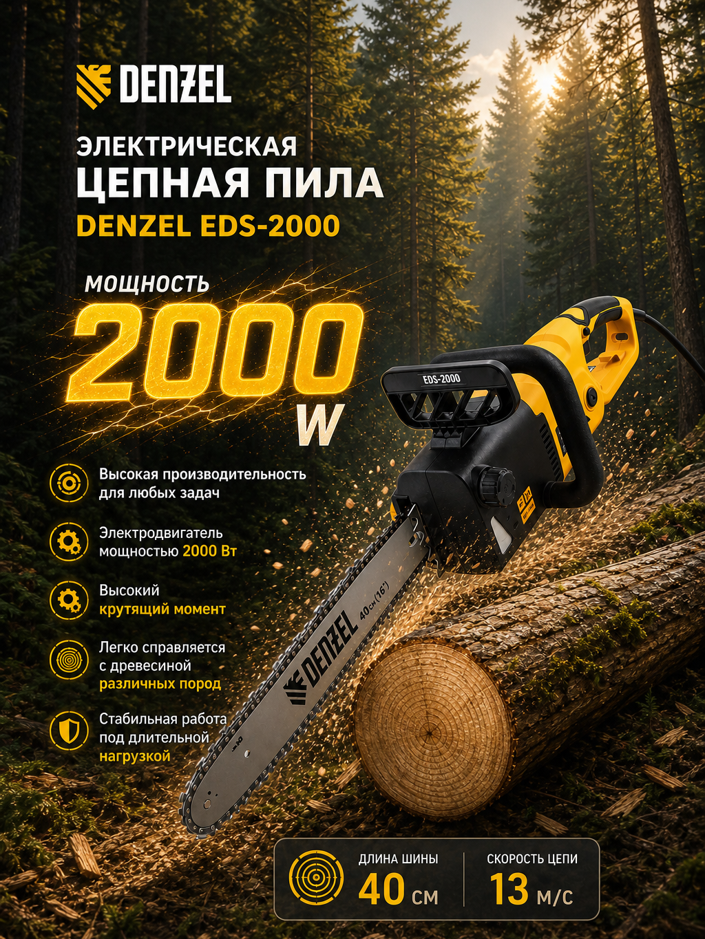 Электрическая цепная пила Denzel EDS-2000, 2 кВт, шина 40 см, шаг 3/8, 56 звеньев, желтая