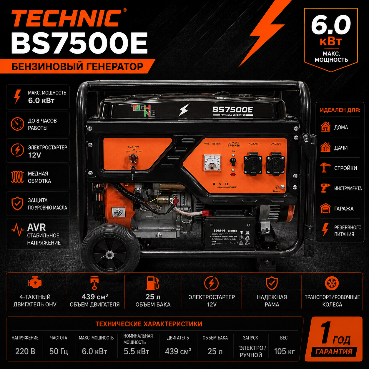 Бензиновый генератор TECHNIK BS7500E 6,5/ 6 кВт мощность 15 л. с.