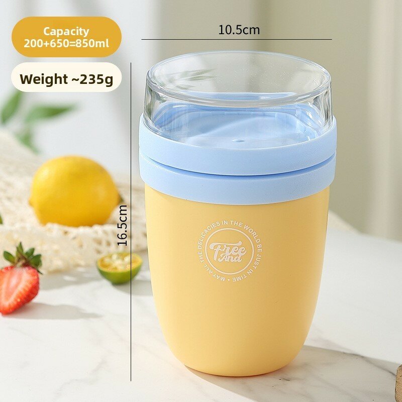 Noninsulated stainless steel travel mug with cover and spoon for breakfast and oatmeal brand unknown yellow 850ml