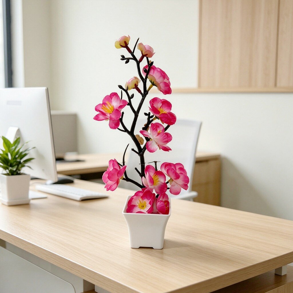 Home office decor featuring artificial plum blossom with base for elegant festive atmosphere stylec