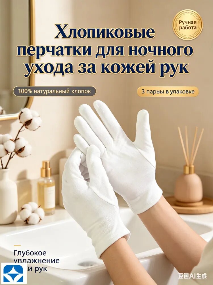 Перчатки рабочие хб, 100% хлопок-набор_3_пары, косметические белые для ночного ухода за кожей рук/увлажнения и деликатных работ.