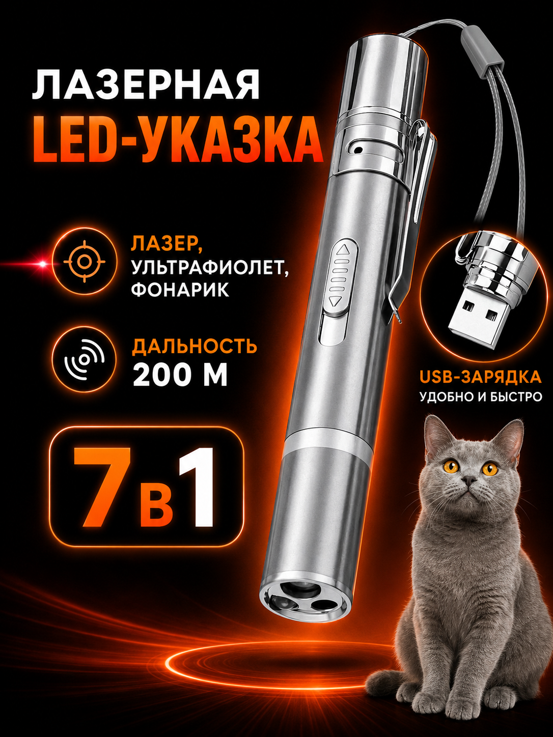 7 в 1 USB Ручной Перезаряжаемый LED светодиодный фонарик, лазерная указка, Игрушка для кошек, котов и собак с УФ детектором USB Зарядка