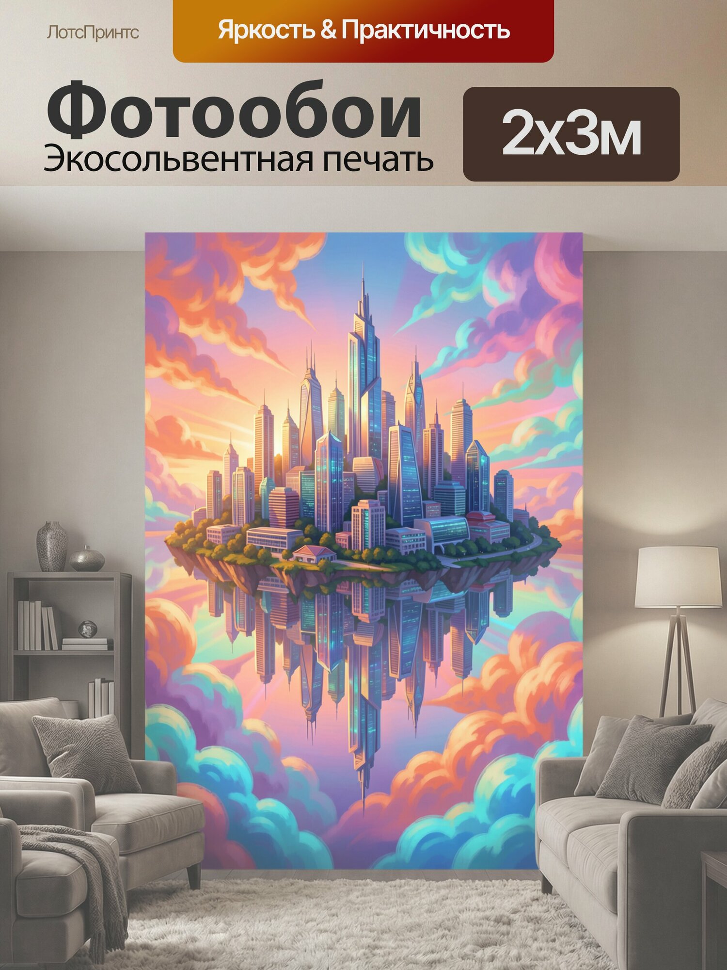 Фотообои "Парящий футуристический город в облаках. Сказочный мегаполис на летающем острове с зеркальным отражением, небоскребами и сияющим." 200x300 см. экосольвентная печать