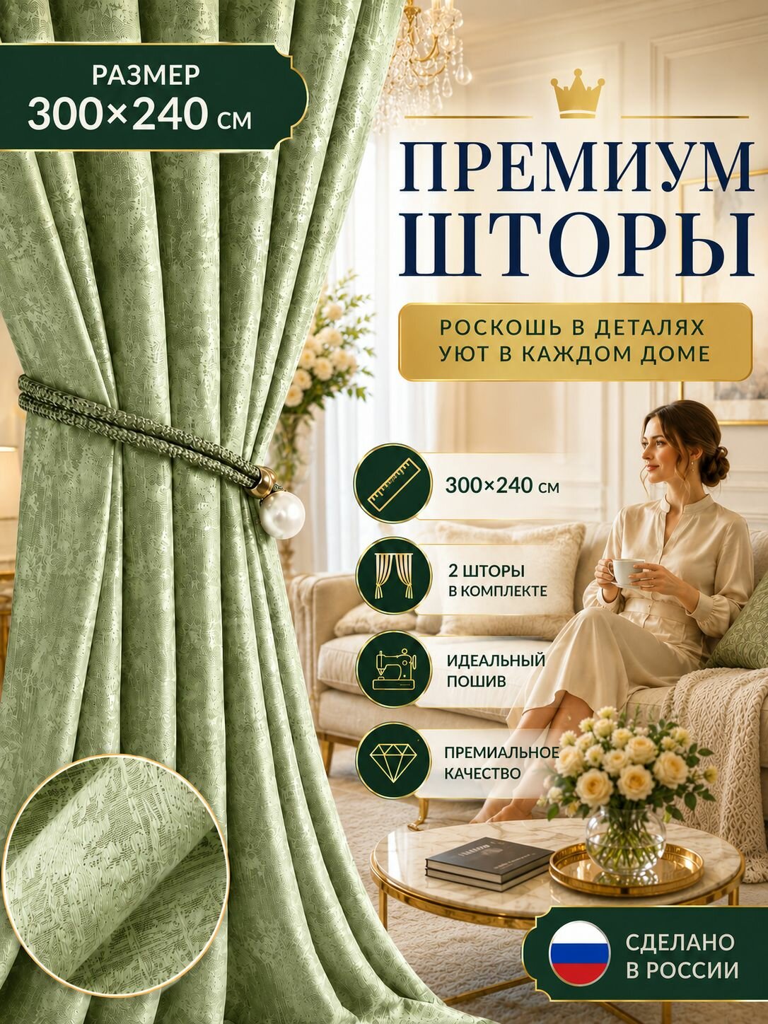 Шторы Мрамор салатовый 400х240 см, широкие полотна для зала, плотная ткань с защитой от ультрафиолета
