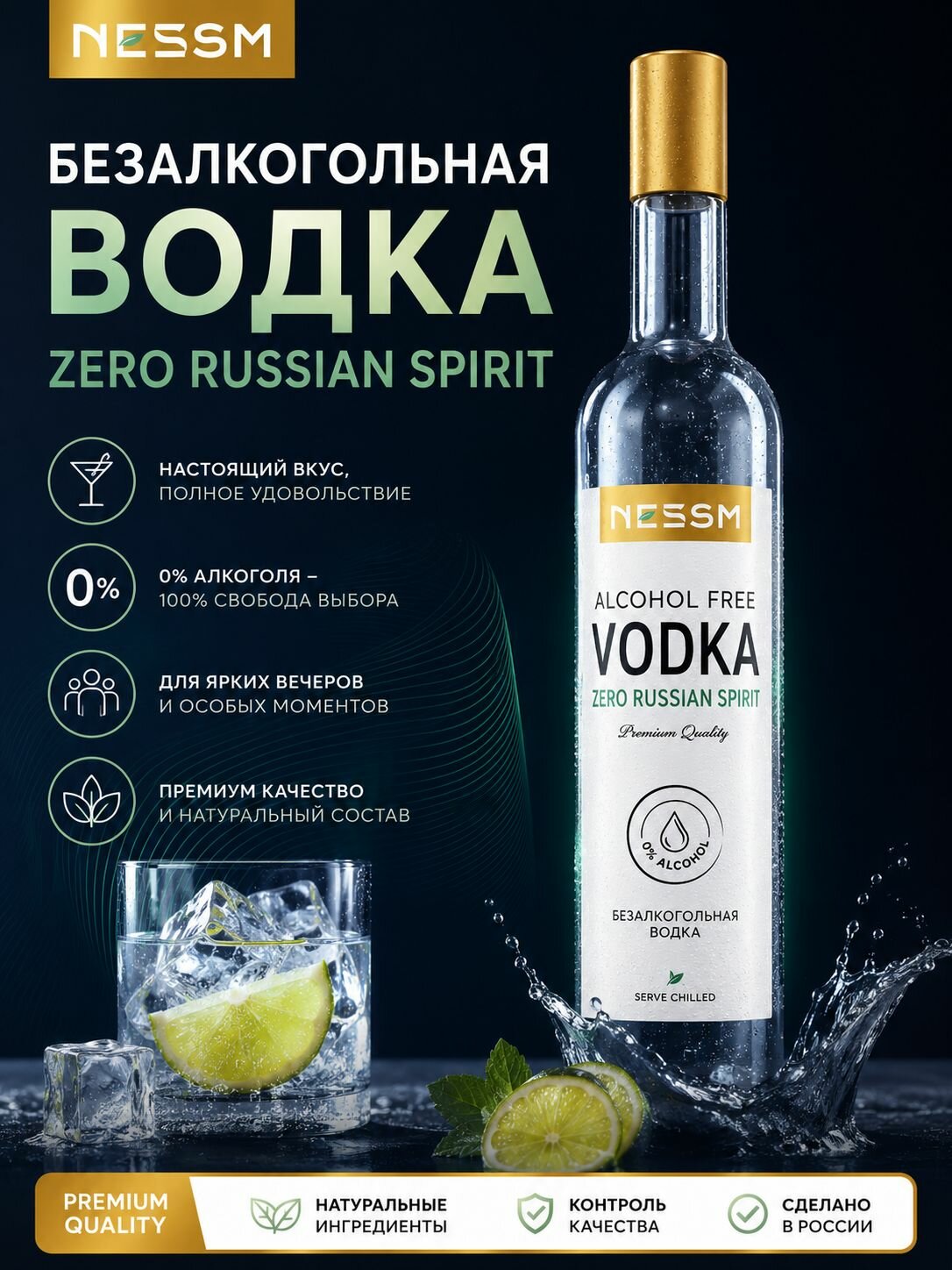 Безалкогольная водка NESSM Zero Russian Spirit / Безалкогольный зерновой дистиллят, 0,5 л, 0% спирта, основа для коктелей