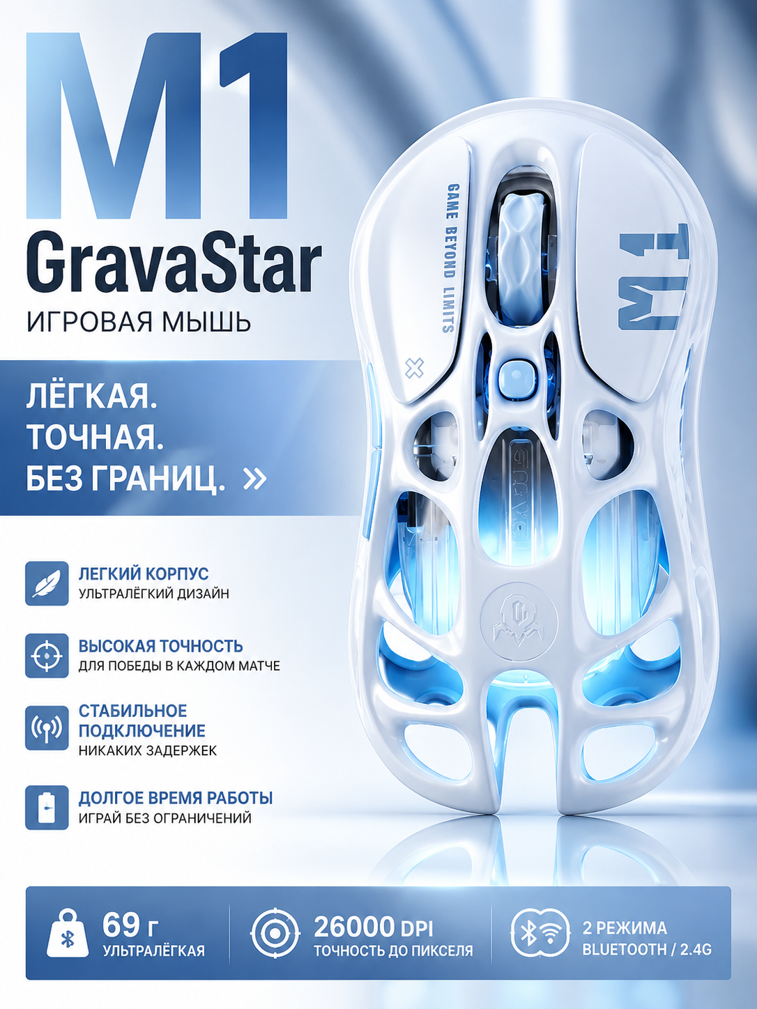 Мышь Gravastar "M1", беспроводная, Bluetooth, RGB-освещение, игровая, голубая