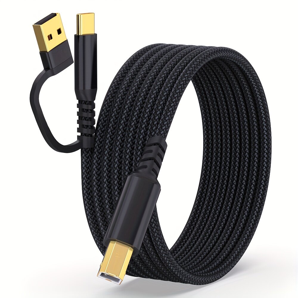 Кабель для принтера 2-в-1 USB-A/USB-C to USB-B, оплетённый, высокая скорость, для MIDI, 5 м, черный