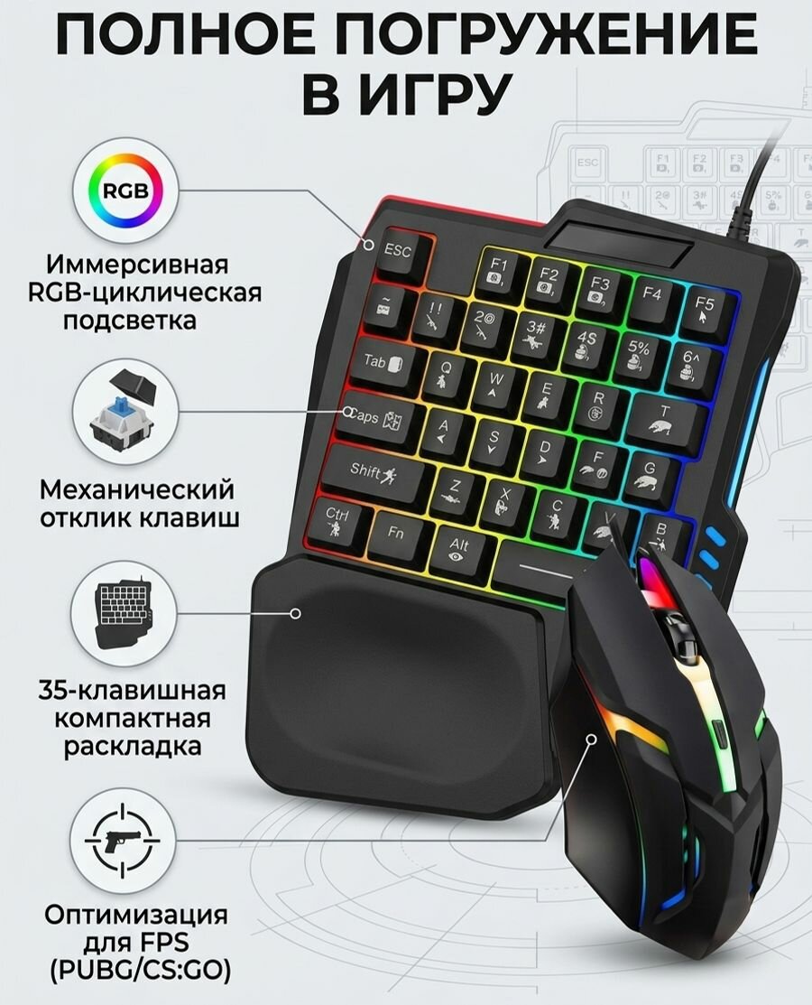 Комплект игровая клавиатура, мышь проводная , Русская раскладка, черно-серый игровой набор проводной черно-серый