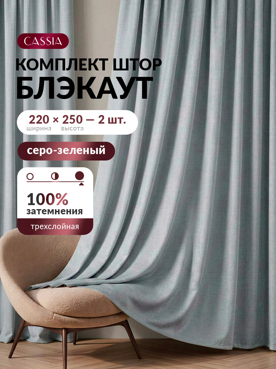 CASSIA Шторы для комнаты "Кассель" блэкаут, жаккард, 250 высота * 220 ширина - 2 шт, серо-зеленые