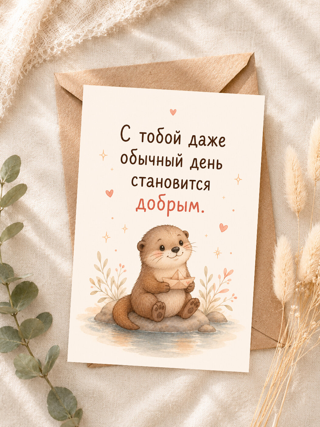 Открытка "С тобой даже обычный день становится добрым", нежная с выдрой, конверт, 10х15