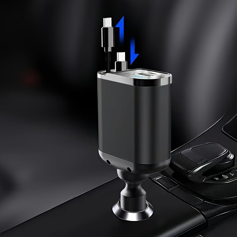 Автомобильное зарядное устройство 120W с двумя выдвижными кабелями USB Type-C, универсальная вилка, выход 13.8V, компактное, модель WGS-X11, черный
