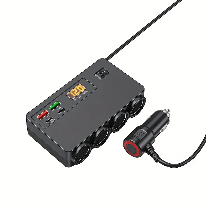 8-в-1 автомобильный зарядный адаптер, 12-24V AC-DC преобразователь, 2 USB и 2 PD порта, быстрая зарядка QC3.0 2.4A, для ноутбука, черный