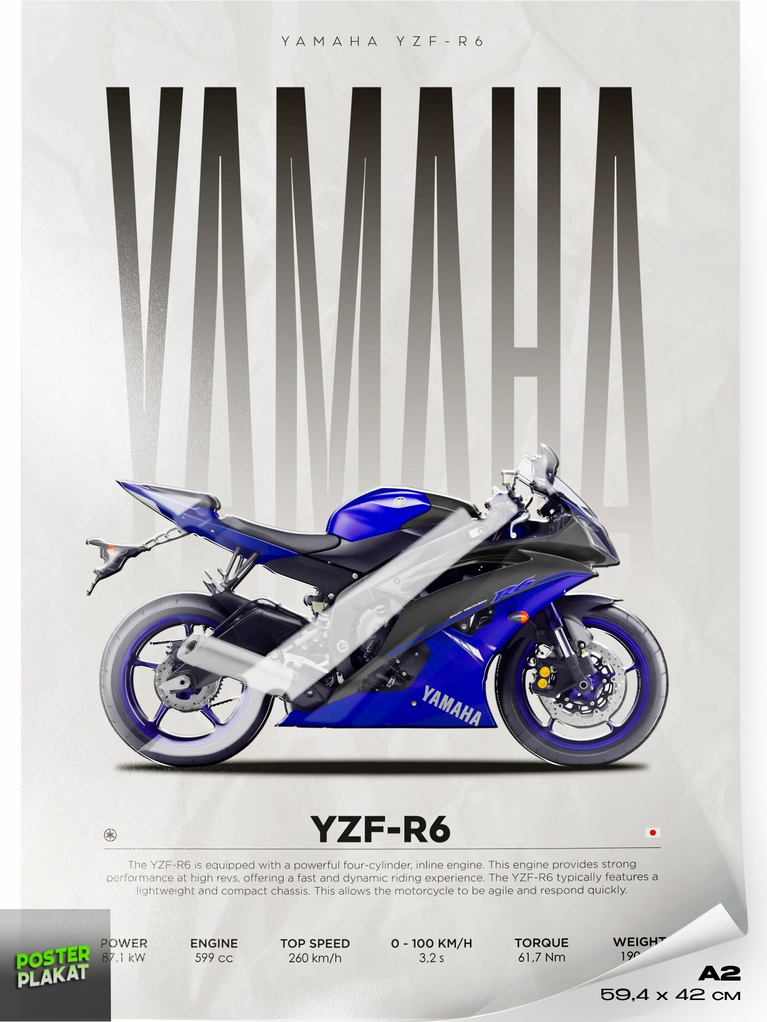 Постер на стену с мотоциклом, Yamaha YZF-R6, мото Ямаха, для интерьера, А2 (60 х 42 см), Постер Плакат