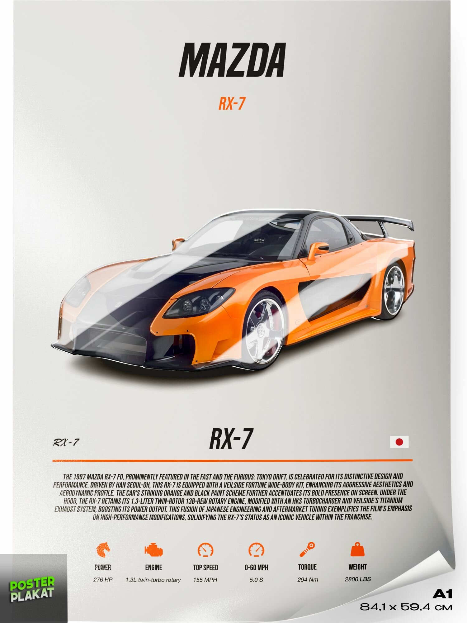 Постер на стену с машинами, MAZDA RX-7, авто Мазда, для интерьера, А1 (85 х 60 см), Постер Плакат