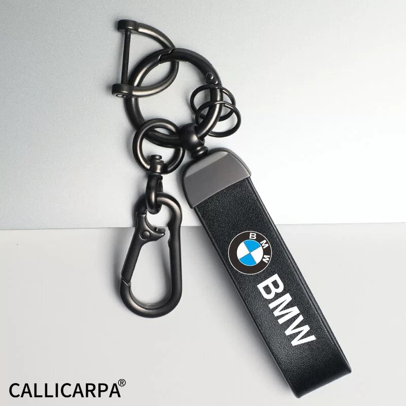 Кожаный брелок BMW из полнокожаной кожи с серебряным коньком, цвет обсидиановый черный, матовая поверхность с кольцом
