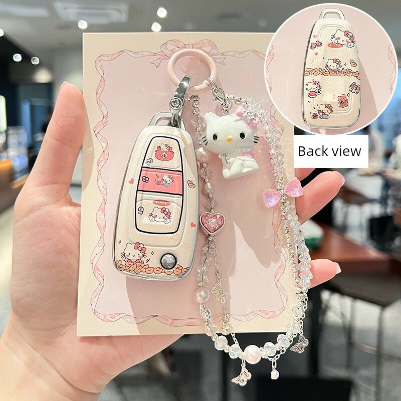Ключевой брелок Hello Kitty с двойной цепочкой для Ford Focus 2015, премиум защитный чехол с металлическими звеньями