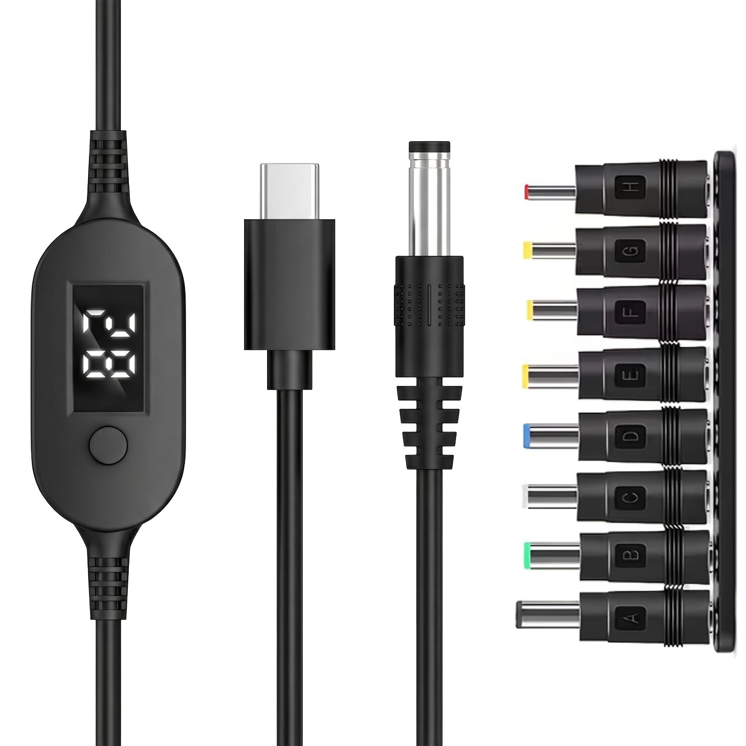Кабель USB-C to DC с цифровым дисплеем напряжения, 8 сменных разъёмов, регулируемое напряжение 5/9/12/15/20/28 В, совместим с 140W PD, длина 1 метр