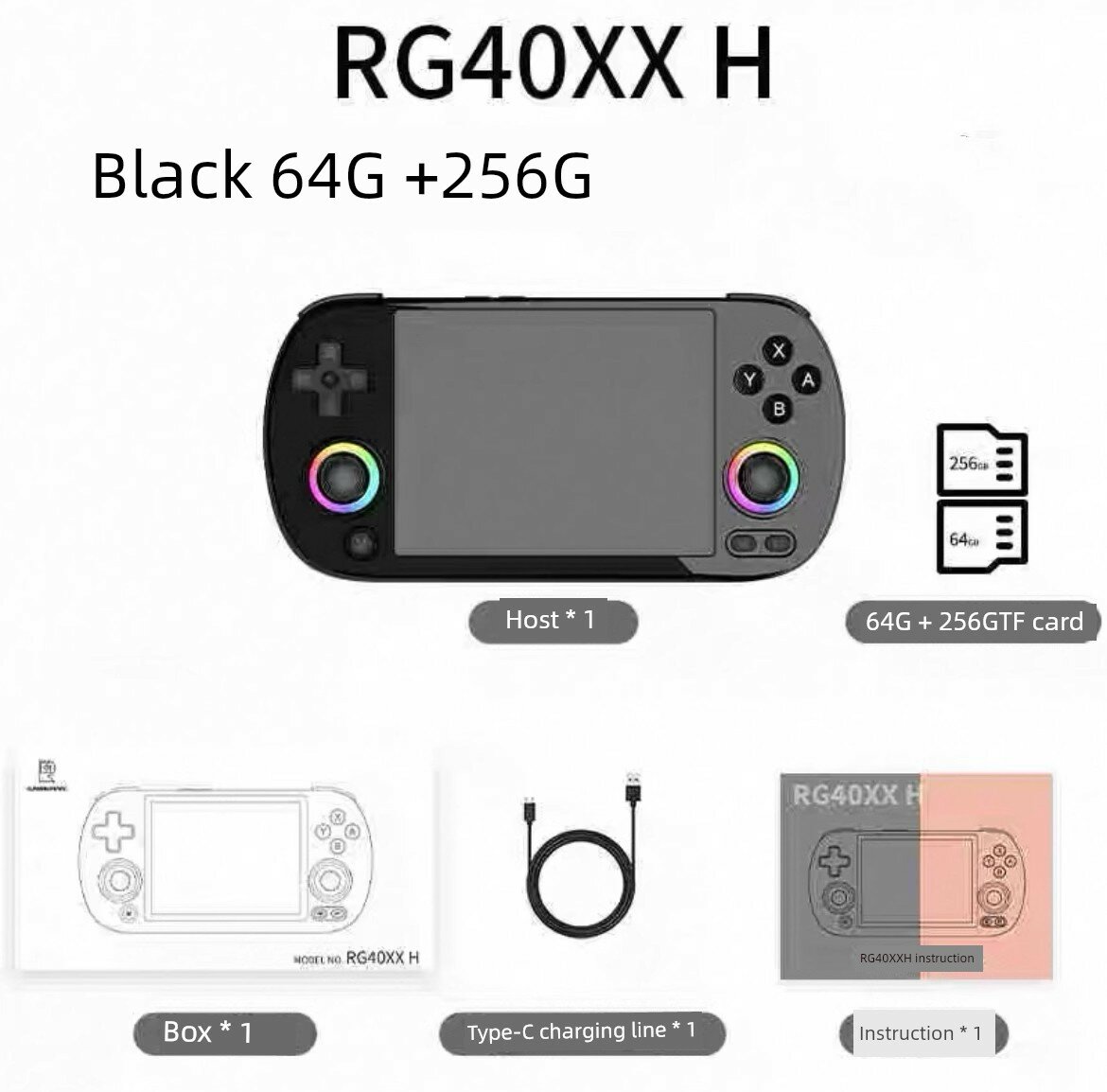 ANBERNIC RG40XXH портативная игровая консоль с 256 ГБ памяти, классический черный, карты 64 ГБ+256 ГБ высокой скорости