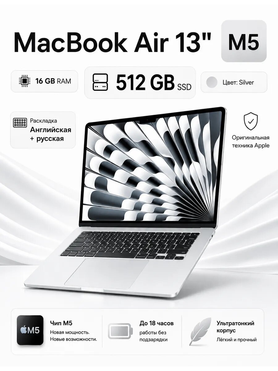 Ноутбук Apple MacBook Air 13 2026 M5 16GB/512GB MDH74 Silver, русская гравировка