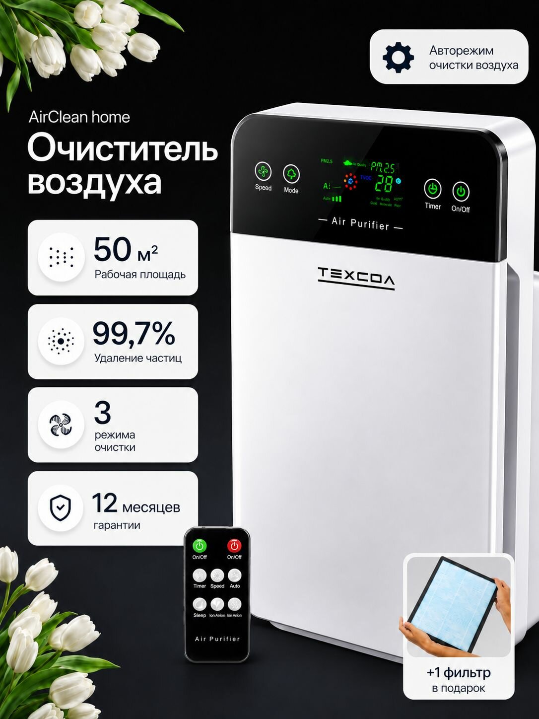 Очиститель воздуха для дома AirClean Home 50m (K4) с HEPA-13 от аллергенов, пыли и запахов