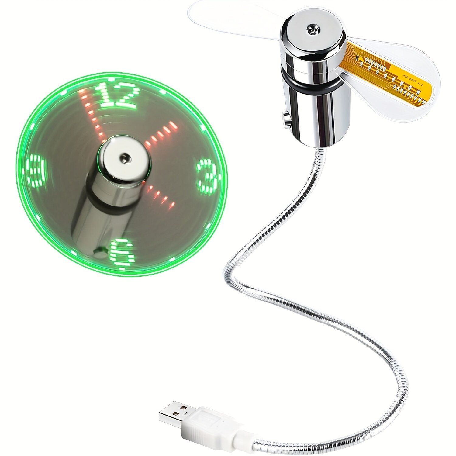 Гибкий USB-вентилятор с LED-часами и дисплеем реального времени, регулировка времени, питание от USB, портативный мини-вентилятор, серебристый цвет