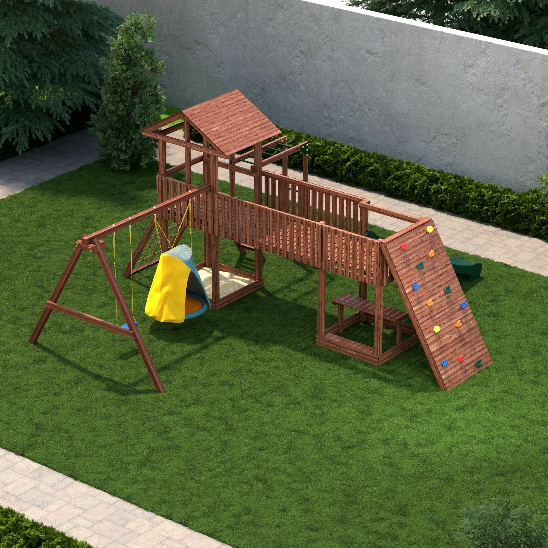 CustWood Family F16 Детская деревянная игровая площадка, спортивный комплекс домик, качели