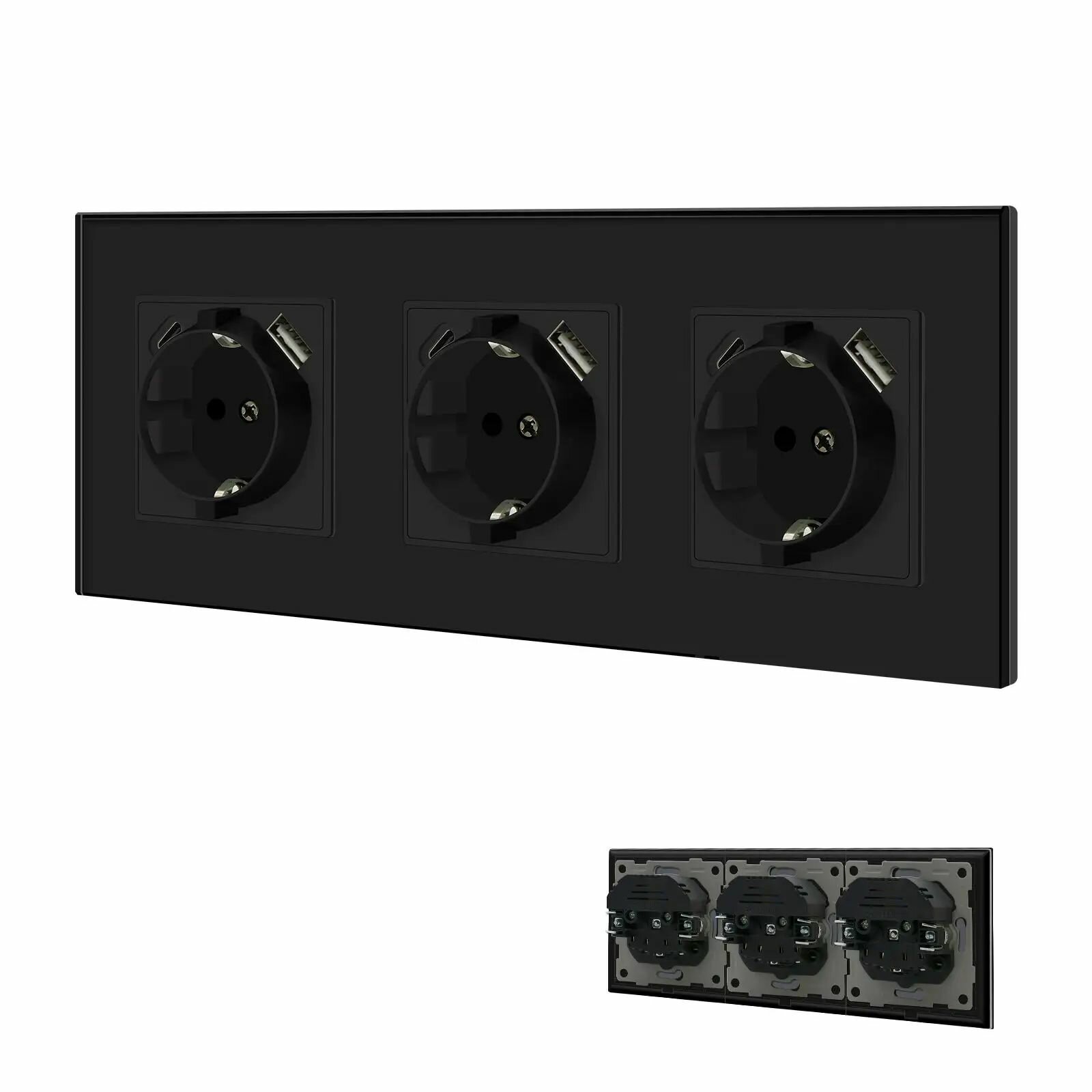 Розетка Черный Bseed с USB и type-C, 3 пост,16А 250В рамка закаленное стекло