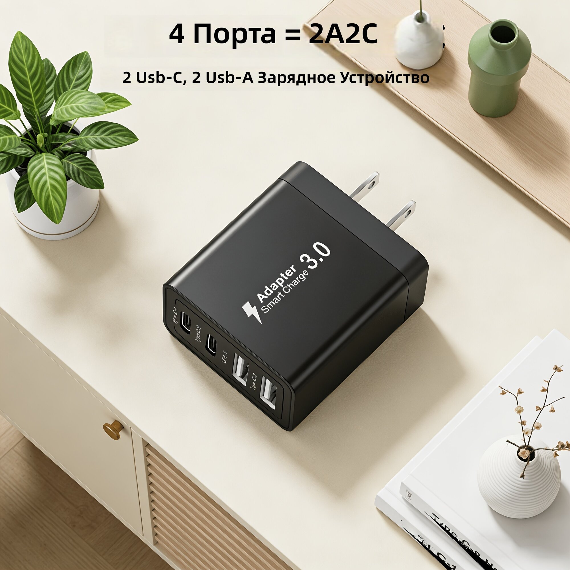 4-портовое зарядное устройство USB-C, 2A 2C, адаптер питания US стандарт, быстрая зарядка QC+PD, для iPhone, Galaxy, планшетов, часов, игровых консолей, черный