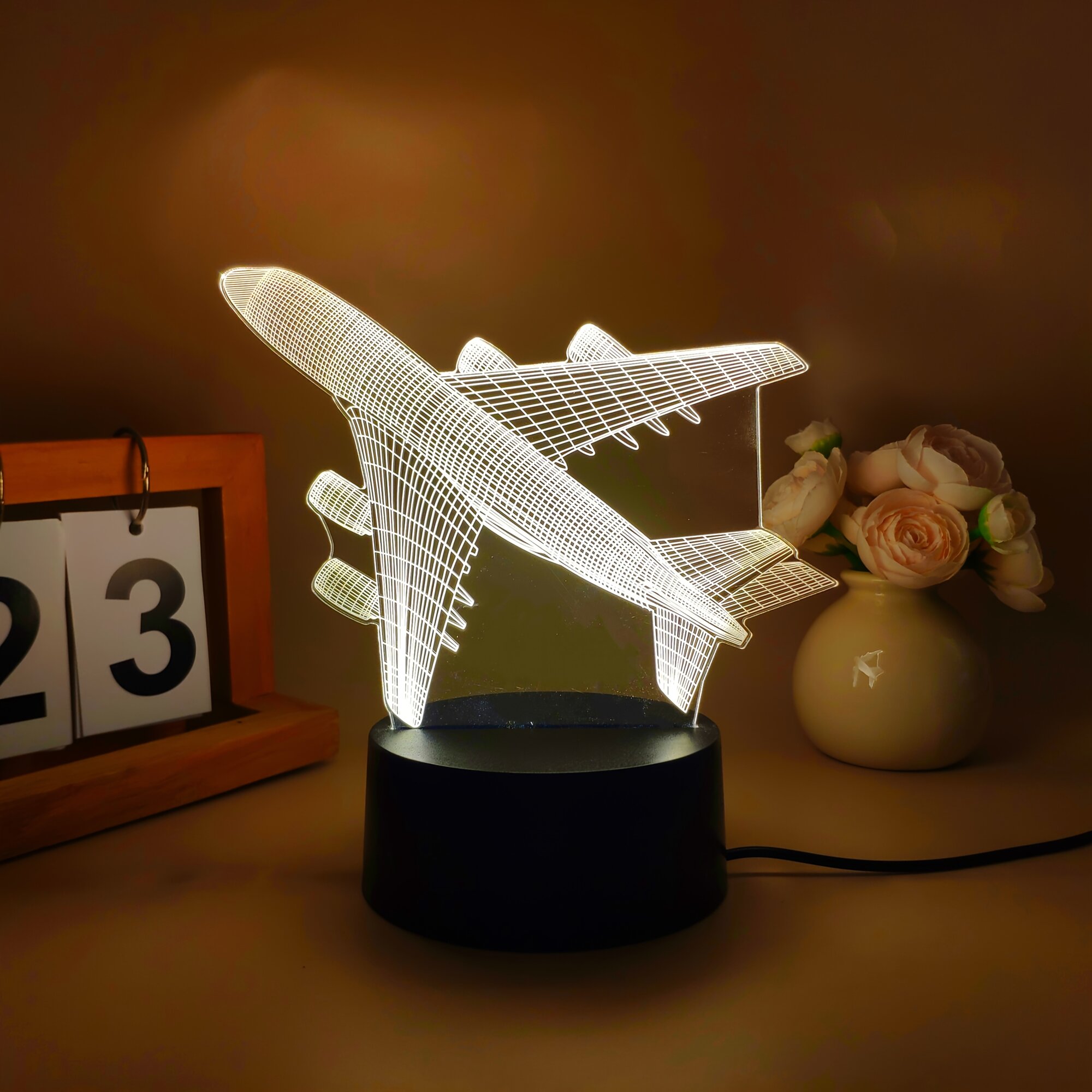 Настольная лампа 3D с дизайном «Взлет самолета» с USB-портом, теплый свет, ночник для декора стола и спальни, подарок