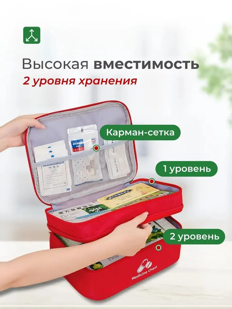 Аптечка автомобильная красная, большая, для медикаментов, 2 уровня хранения, с сетчатым карманом