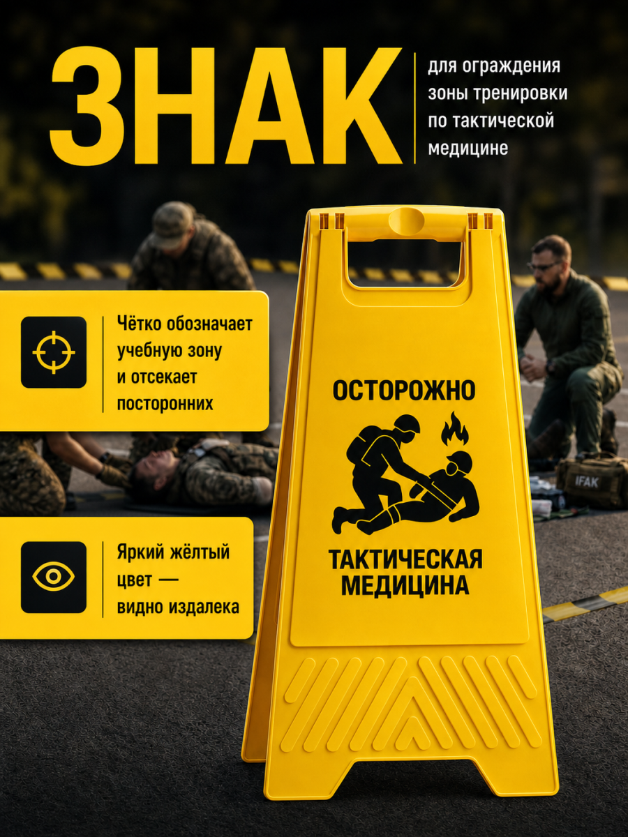 Знак "Тактическая медицина", для ограждений, пластик, жёлто-чёрный