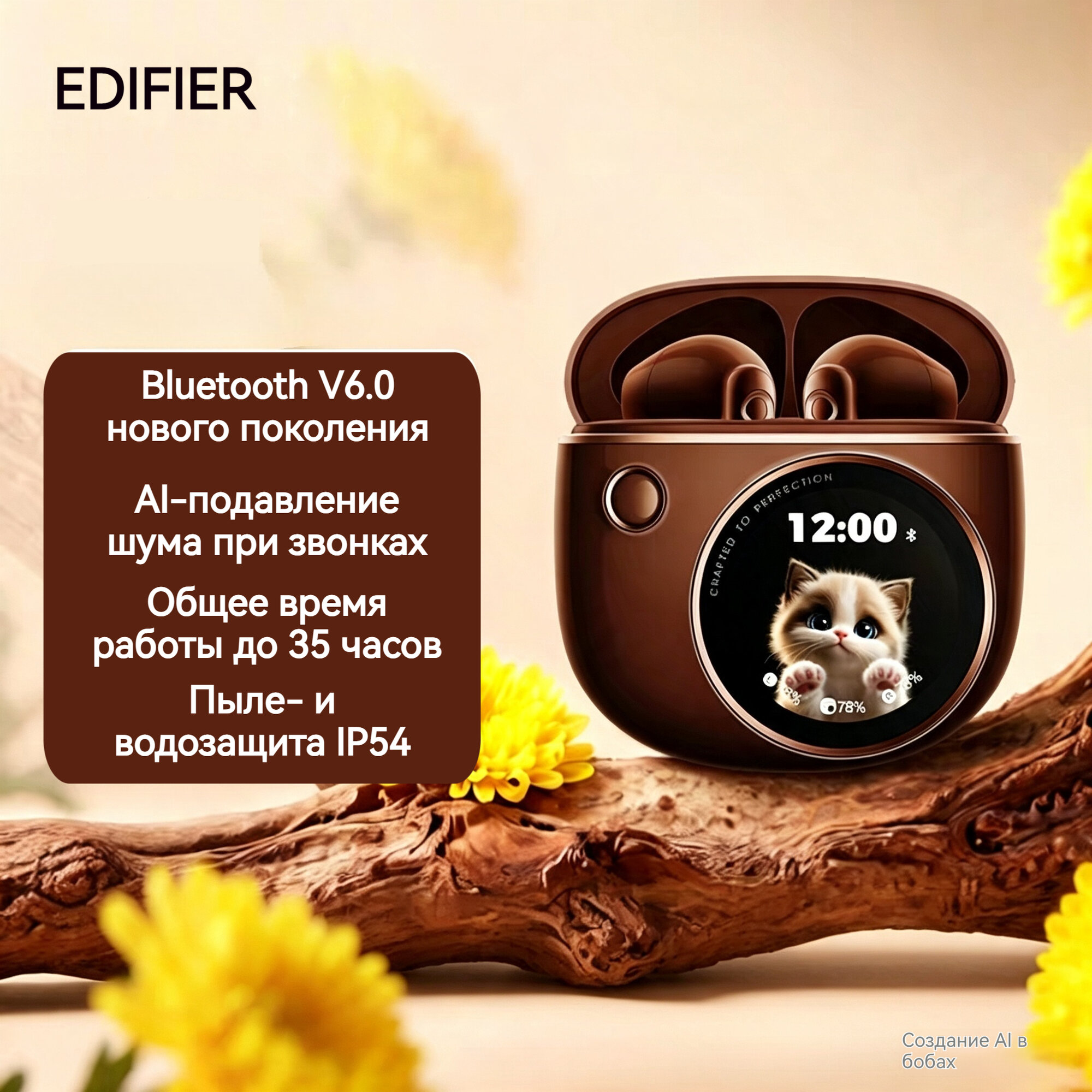 JoyBuds Беспроводные наушники Edifier с цветным дисплеем, полуприлегающие, Bluetooth 6.0, шумоподавление при звонках