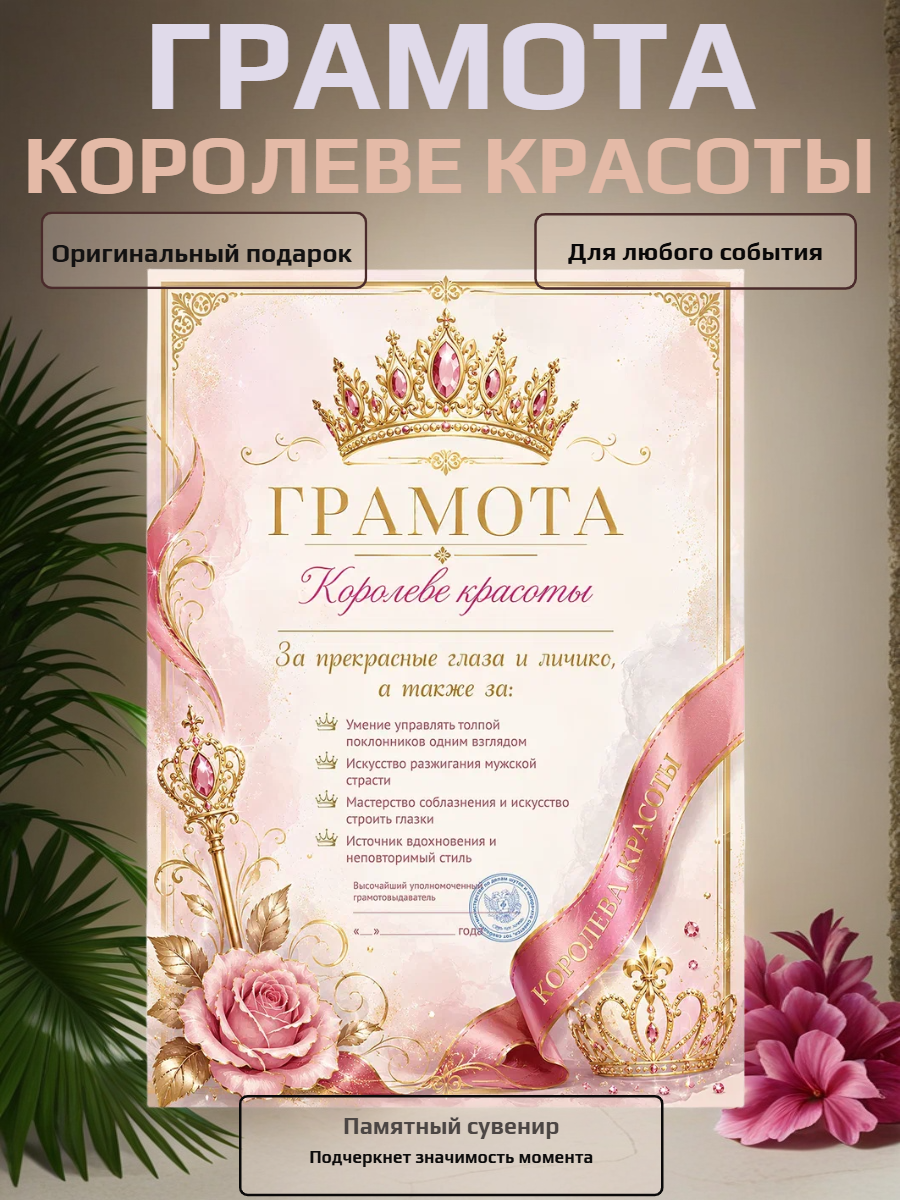 Грамота открытка для награждения "Королева красоты", А4, в подарок