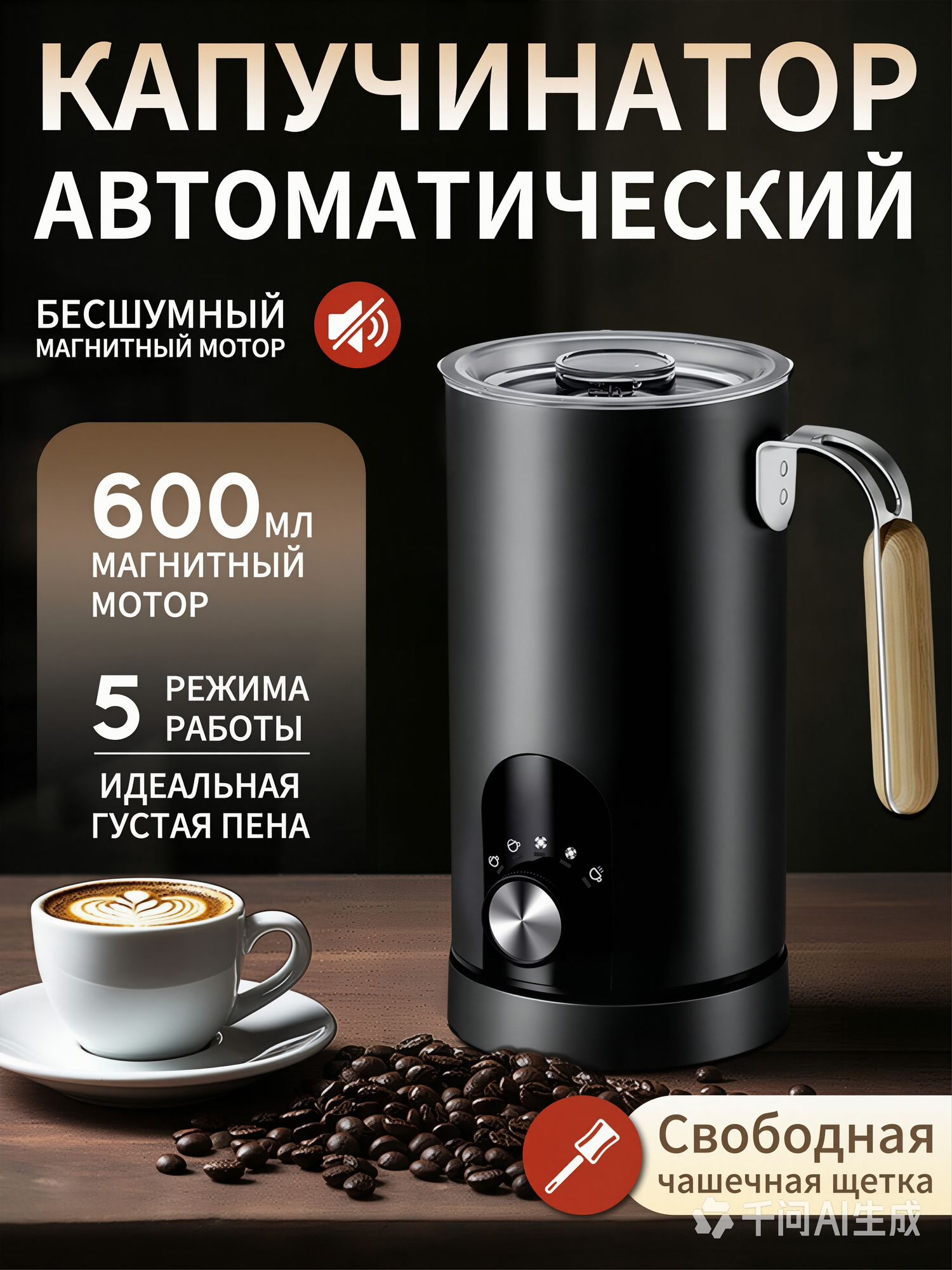 Электрический фроттер для молока с нагревом, 5 режимов работы, поворотная ручка, черный, 220-240 В