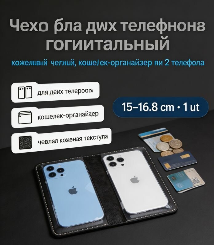 Чехол для двух телефонов горизонтальный кожаный черный, кошелек-органайзер на 2 телефона 15-16.8 см, 1 шт