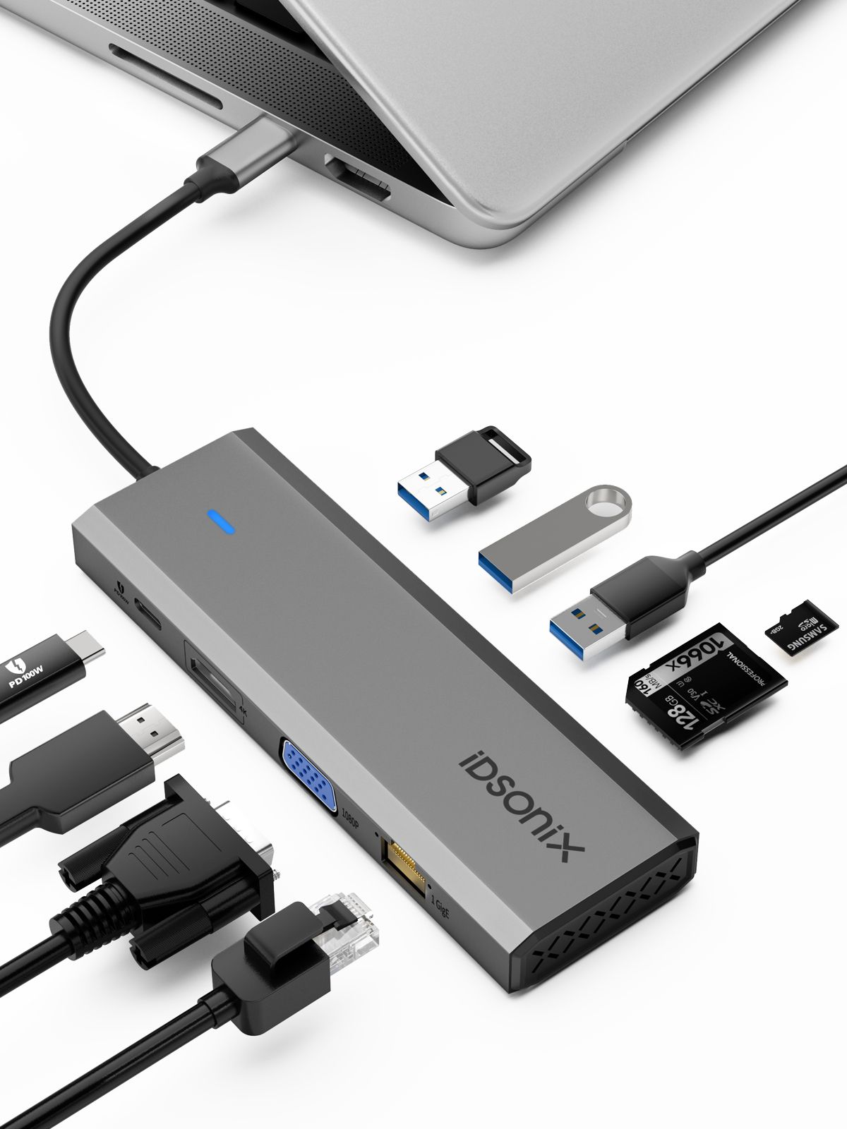 Концентратор USB-C 9-в-1 с HDMI 4K, VGA, гигабитным Ethernet, USB 3.0, PD зарядкой и слотами SD/TF
