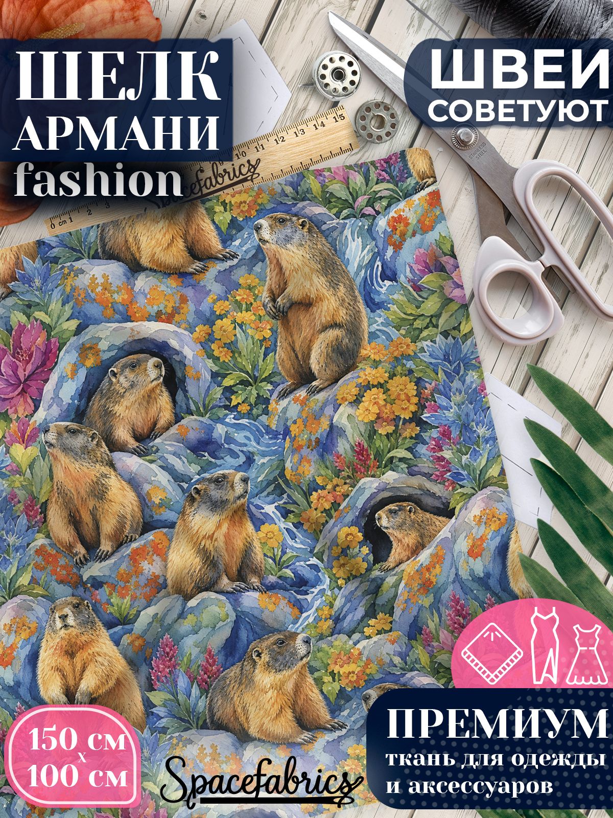 Ткань для шитья шелк Армани, искусственный шелк для костюмов, платьев, юбок с принтом Сурки