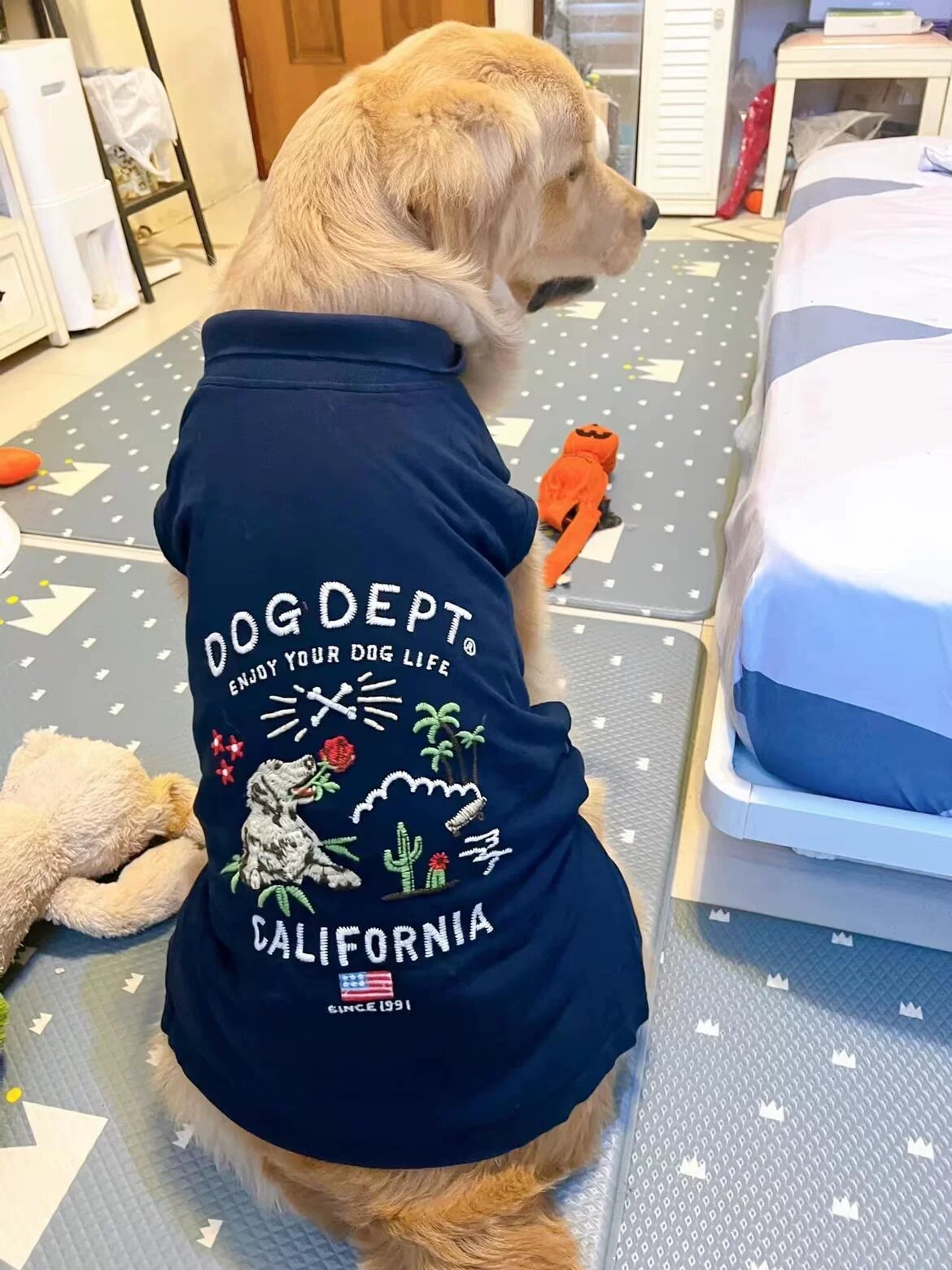 DOG DEPT Синяя тяжелая вышивка поло-рубашка для золотистых ретриверов хлопок пике летняя приталенная модель размер XXL