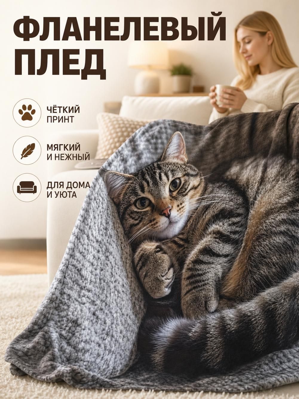 Плед с фотопечатью серого кота, 70х100 см