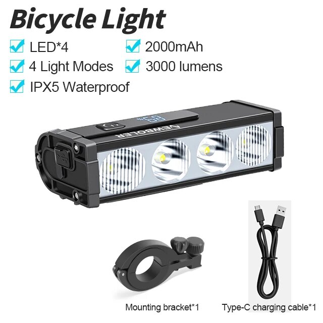 NEWBOLER Велофара LED 4000 мАч Черная LIG013