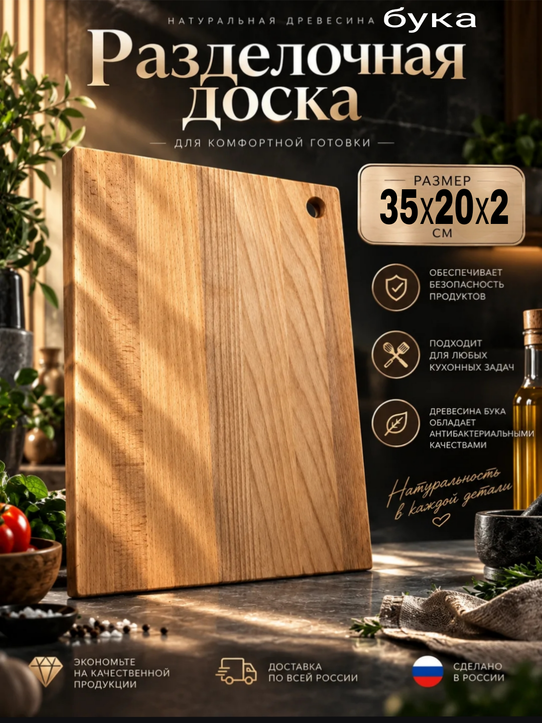 Доска разделочная SUNRISE WOOD из массива бука, двухсторонняя 35 см х20 см х 2 см