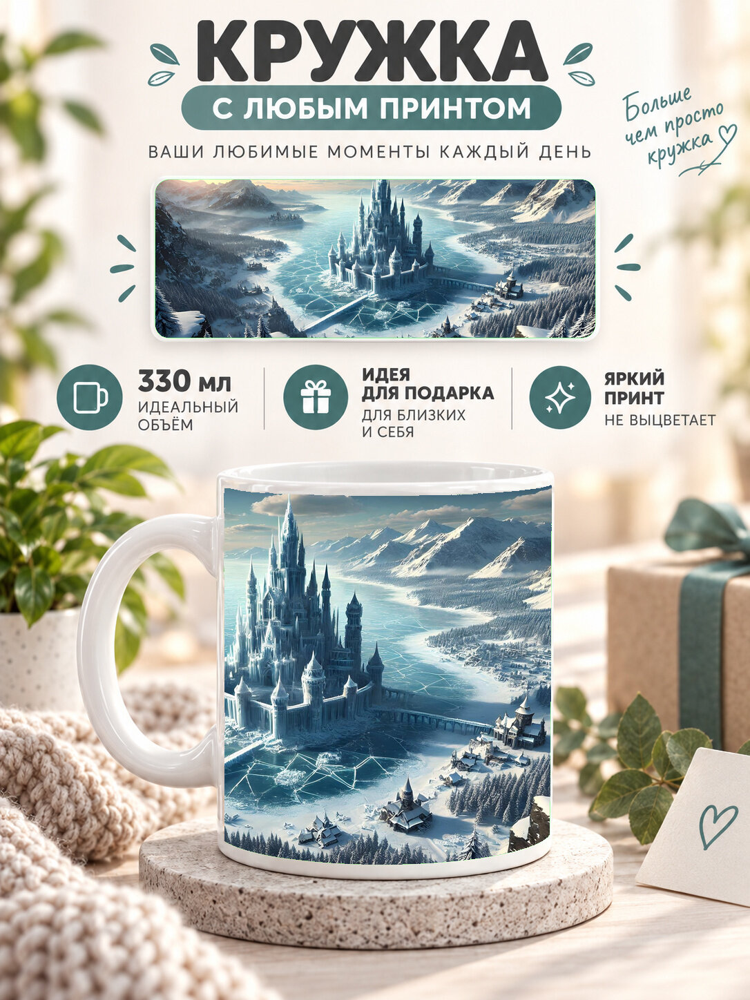 Кружка керамическая 330 мл белая с принтом fantasy ice castle on frozen lake with snowy mountains, для чая и кофе