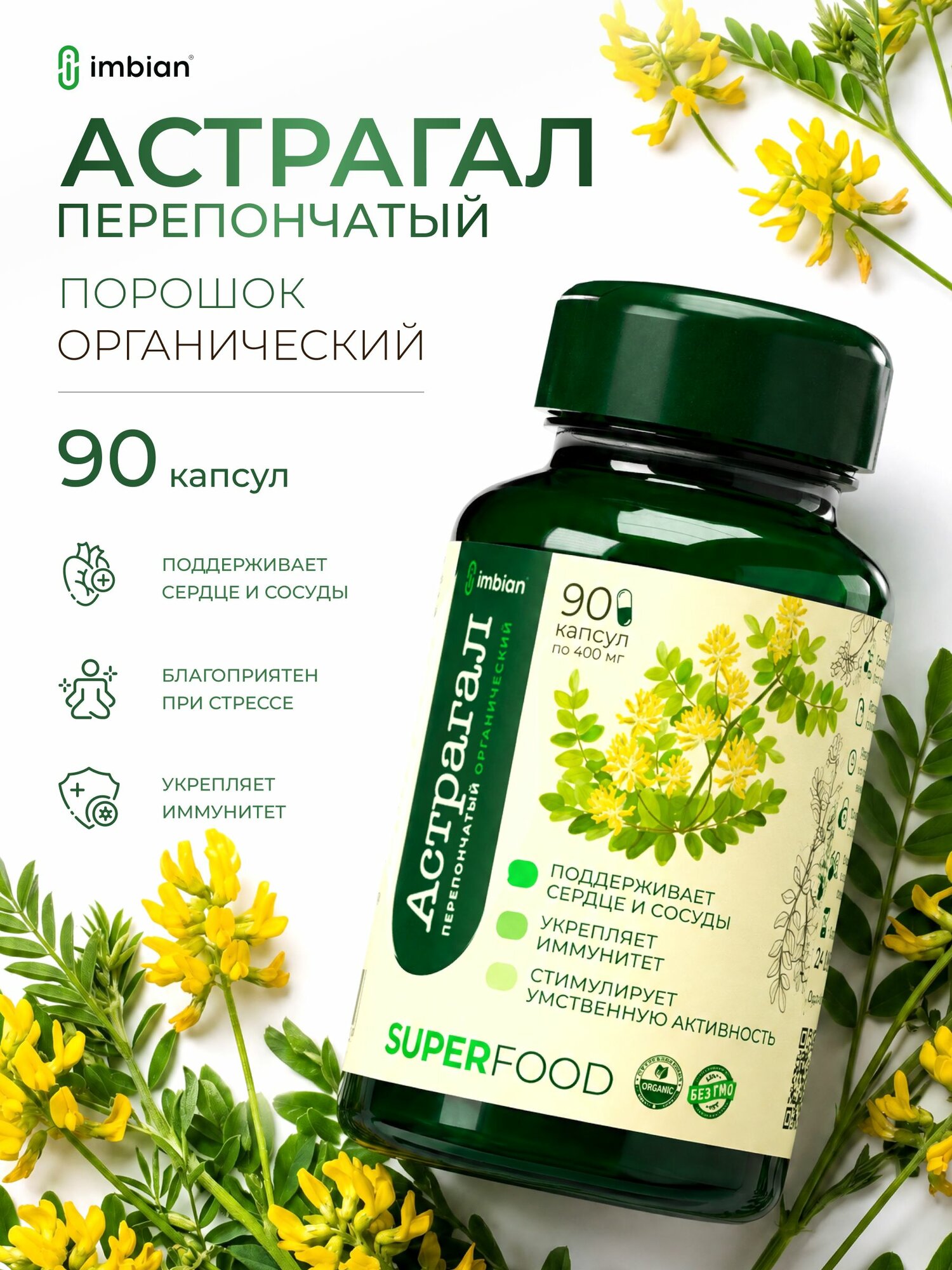 IMBIAN Eco Астрагал 90 капсул, для улучшения памяти памяти и умственной активности