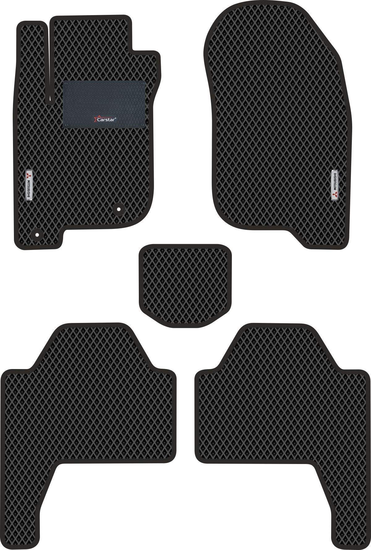 Автомобильные коврики EVA для Mitsubishi Pajero Sport II (2008-2015), с каучуковым подпятником и 2 эмблемами Mitsubishi, чёрные с чёрным кантом, ячейка - ромб