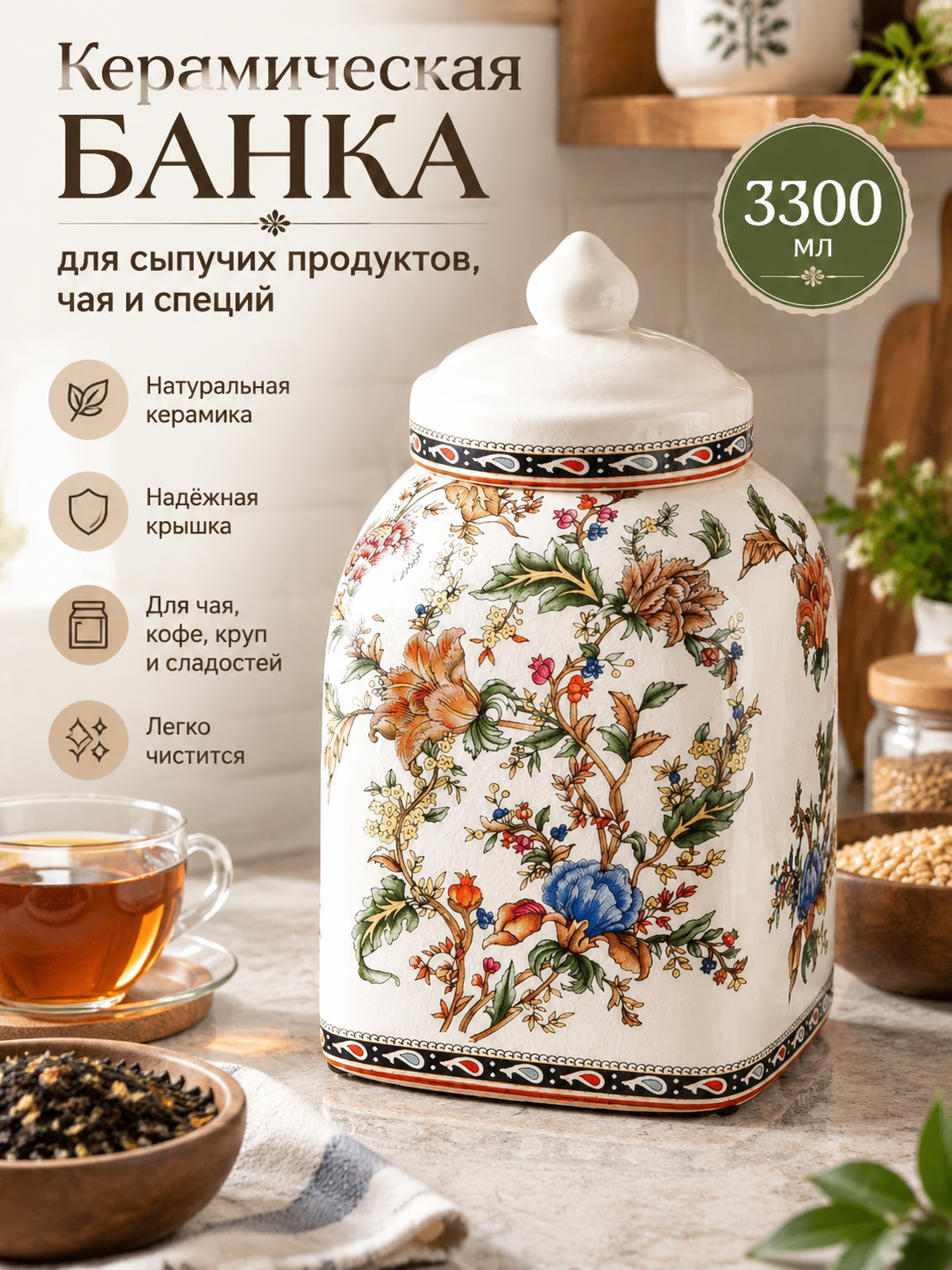 Керамическая банка с крышкой для сыпучих продуктов, чая и специй, 3300 мл, декор с цветами