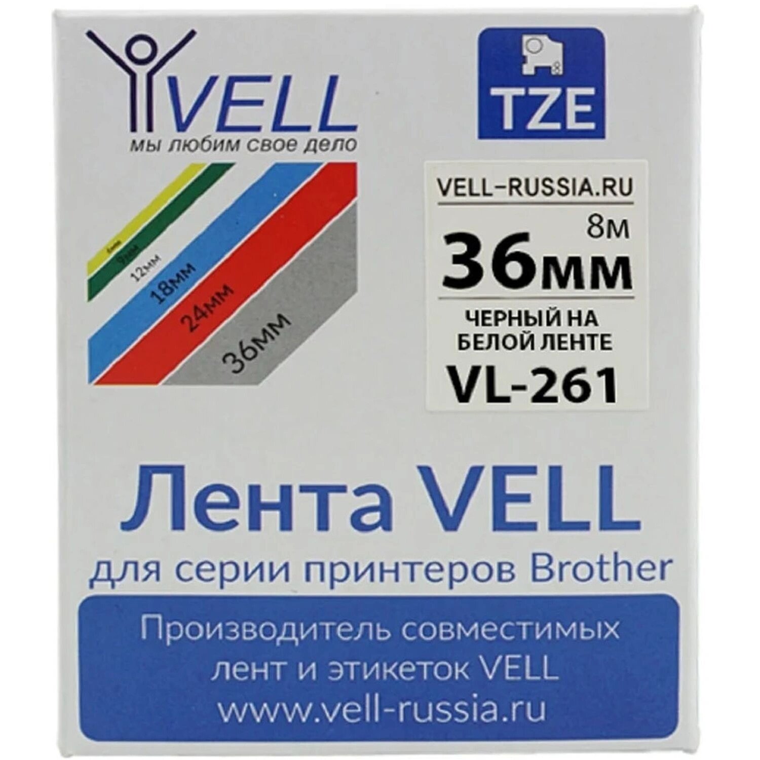 Vell Картридж Vell для принтера этикеток 36 мм х 8 м цвет белый шрифт чёрный
