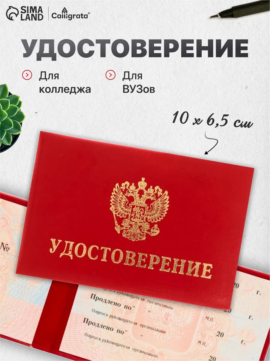 Удостоверение 100 х 65 мм, Calligrata, обложка с поролоном (пухлая), бумвинил, цвет красный