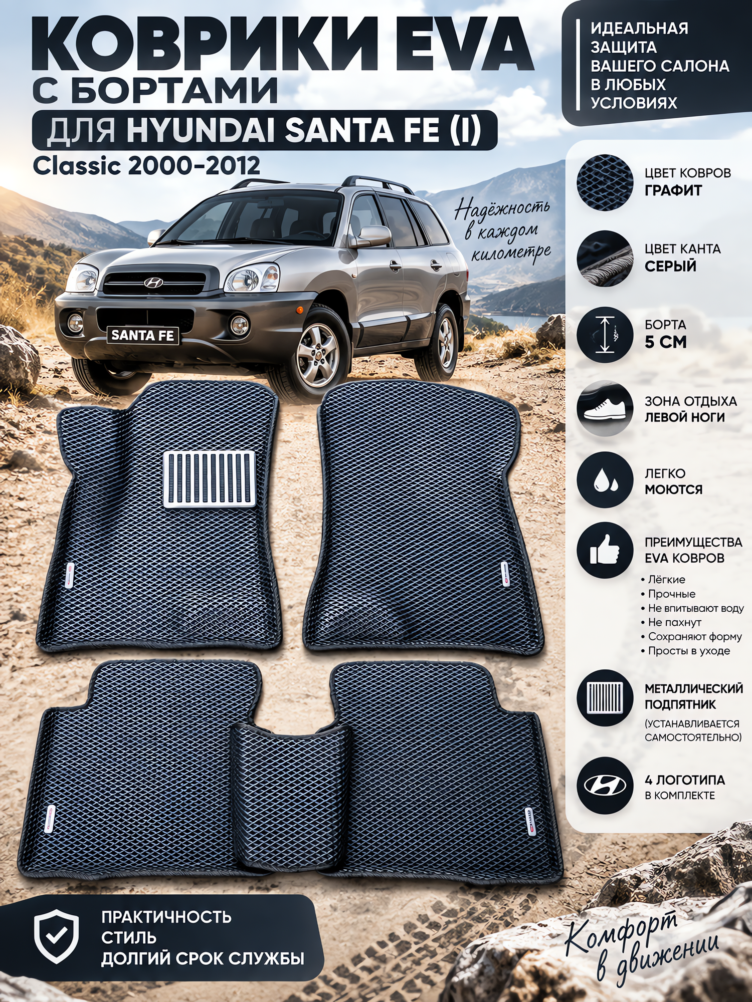 Комплект EVA с бортами для HYUNDAI SANTA FE (I) Classic 2000-2012/ хендай сантафе 1.